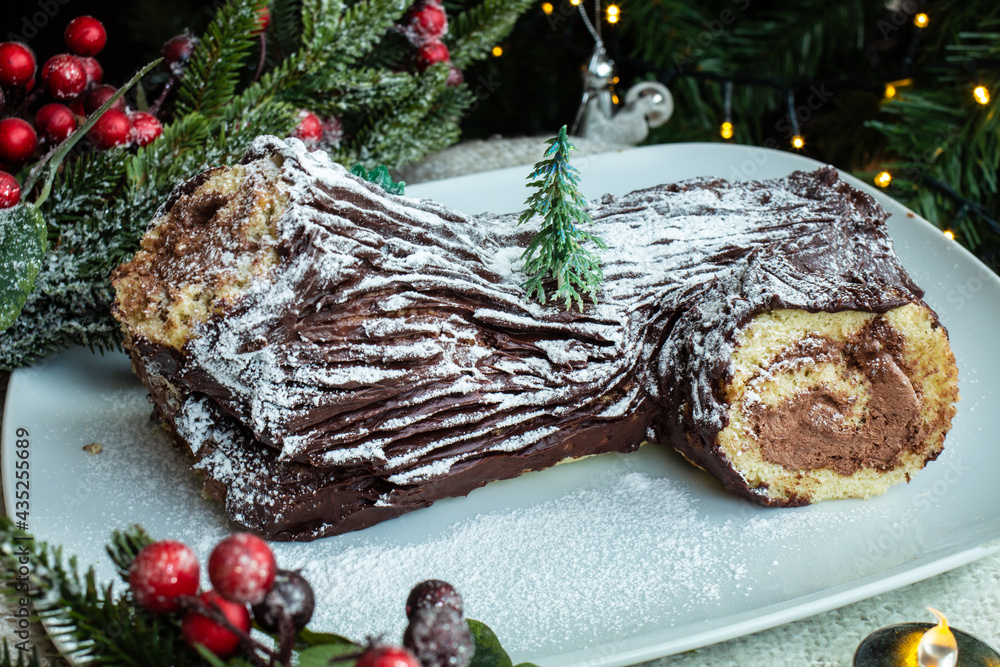 Christmas chocolate log, Buche de Noel, festive holiday cake and ...