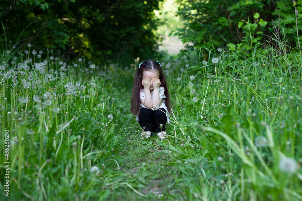 The child was lost in the forest. Little girl alone in the forest ...