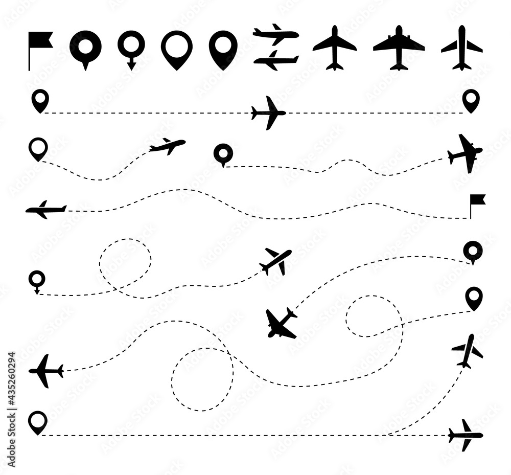 Airplane dotted path set. Aircraft route dotted line. Airplanes, map ...