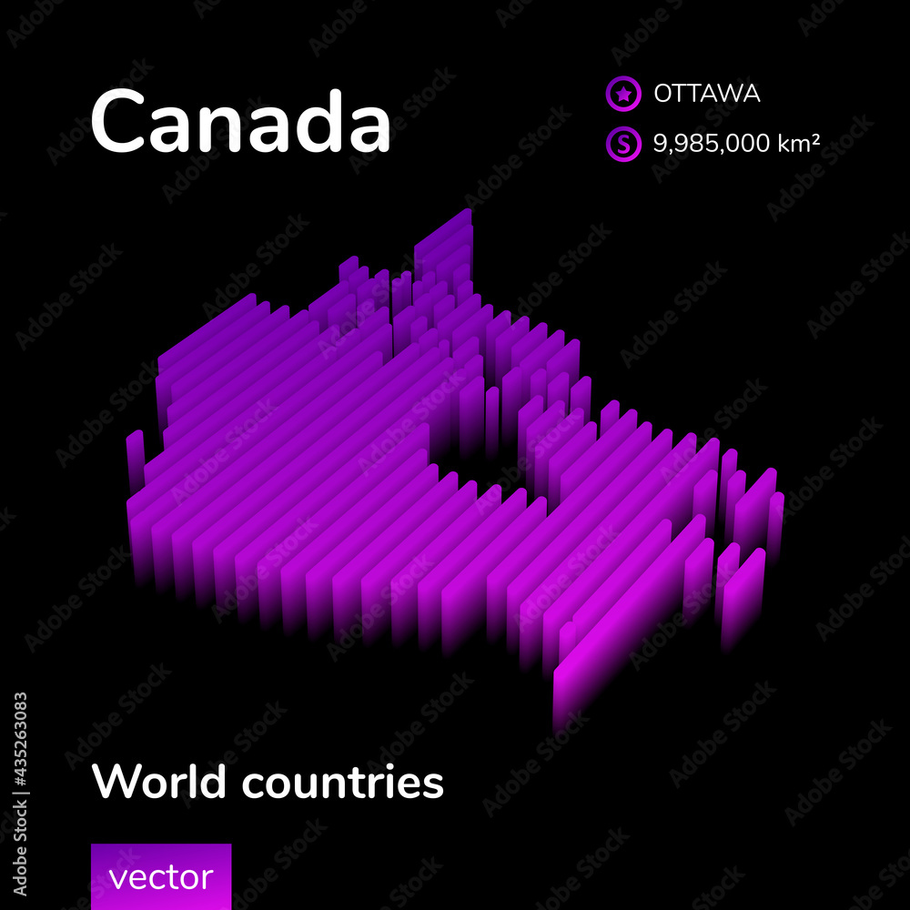 Stylized neon simple digital isometric striped vector Canada map with ...