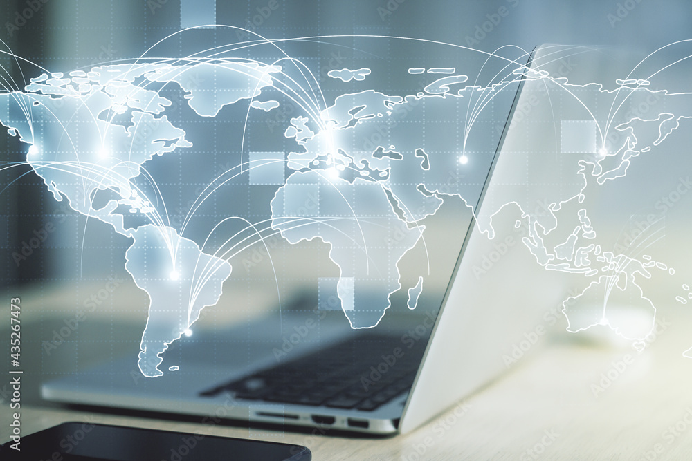 Abstract graphic digital world map with connections on modern computer ...