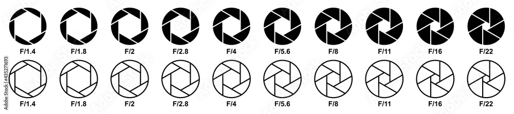 Camera Aperture icon set, lens diaphragm row with value numbers, Camera ...