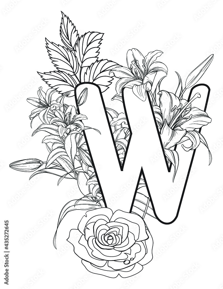 Letter W Floral Coloring Page.Alphabet Coloring Book. Stock Vector ...