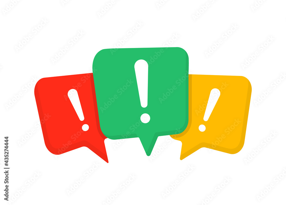 Exclamation mark with color speech bubbles isolated on white background ...