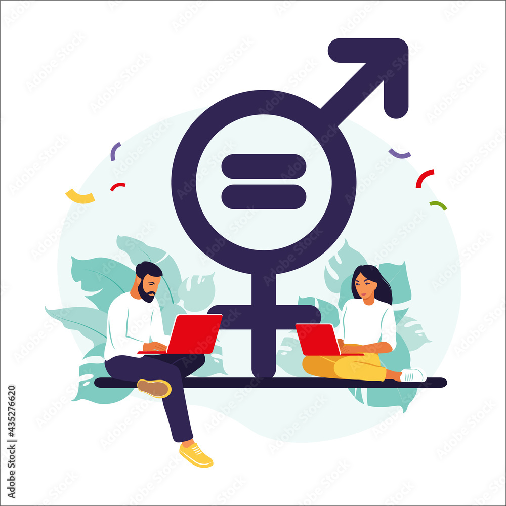 Gender equality concept. Men and women character on the scales for ...
