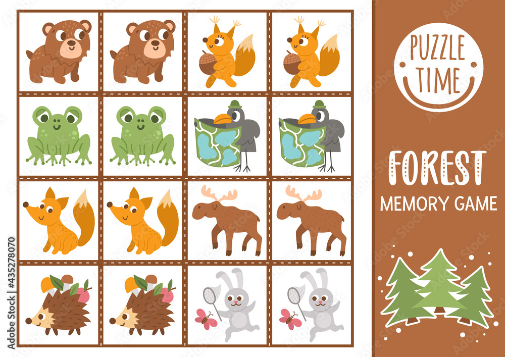 Vector forest memory game cards with cute animals. Woodland matching ...
