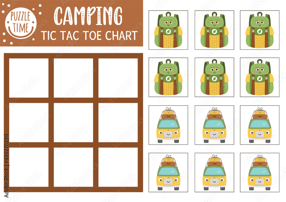 Vector summer camp tic tac toe chart with cute camping equipment ...