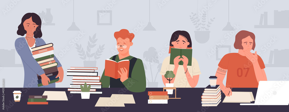 Student people work, read and study together vector illustration ...