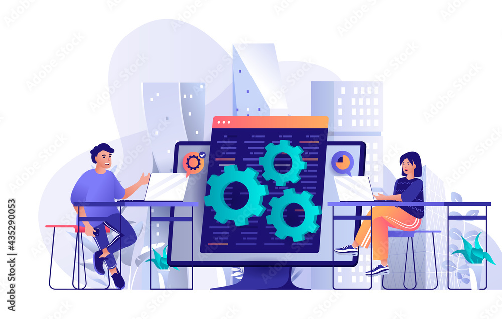 Developers team concept in flat design. Colleagues work together at ...