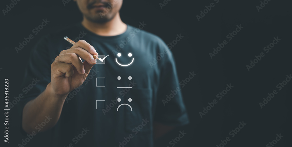 Business people check mark a checkbox on virtual screen on the happy ...