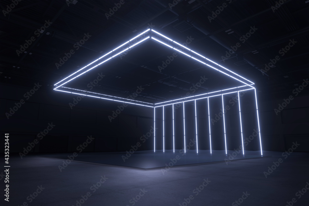 Exhibition standing for mockup and Corporate identity.Neon light ...