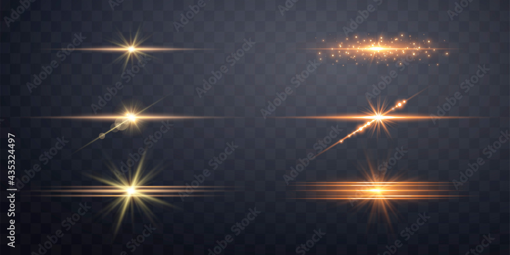 Gold horizontal lens flares set. Isolated on transparent background ...