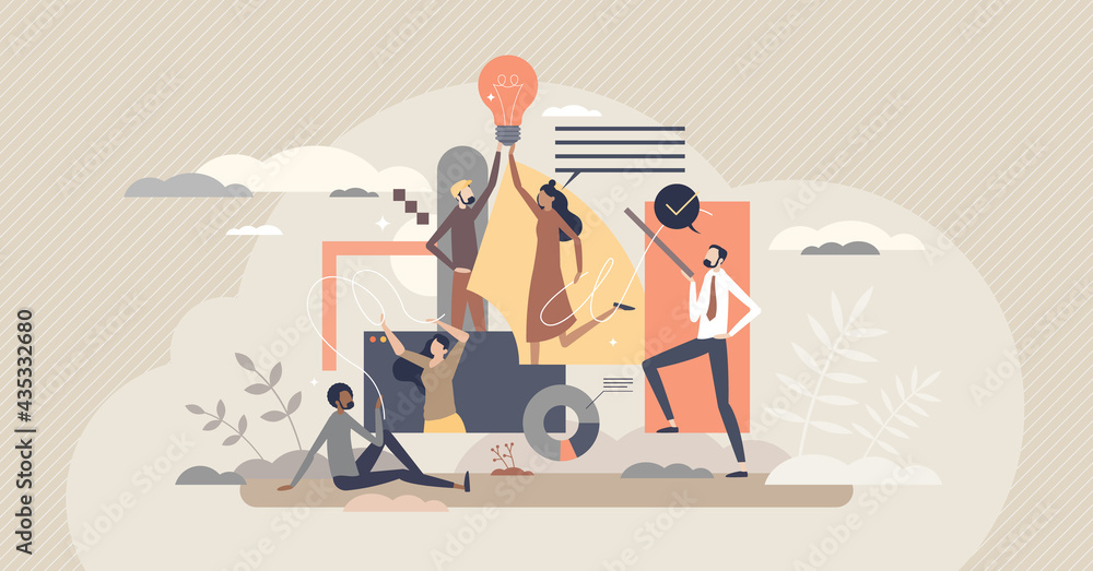 Teamwork creativity and new innovative idea development tiny person ...