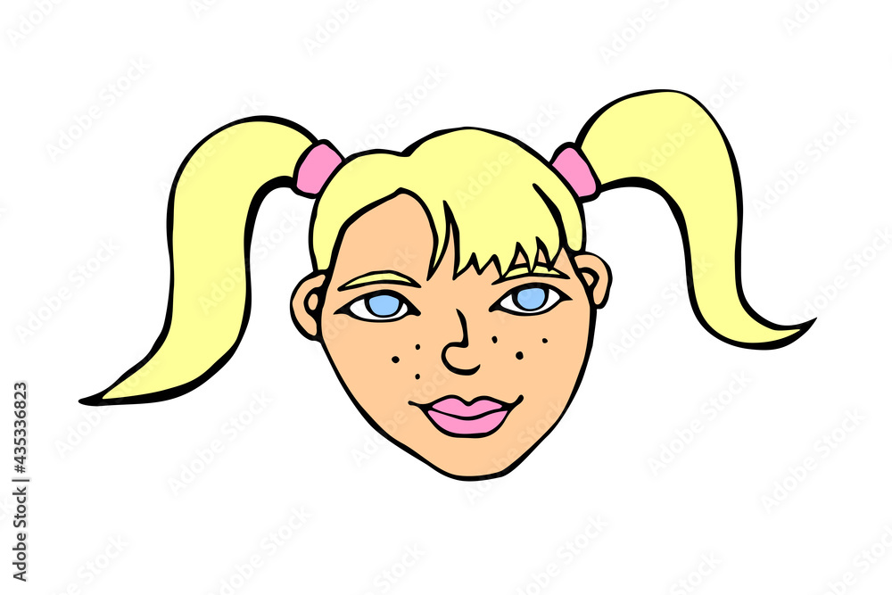 The face of a girl with two ponytails. Vector contour illustration in ...