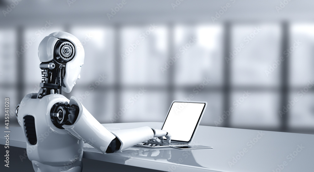 Robot humanoid use laptop and sit at table in future office while using ...