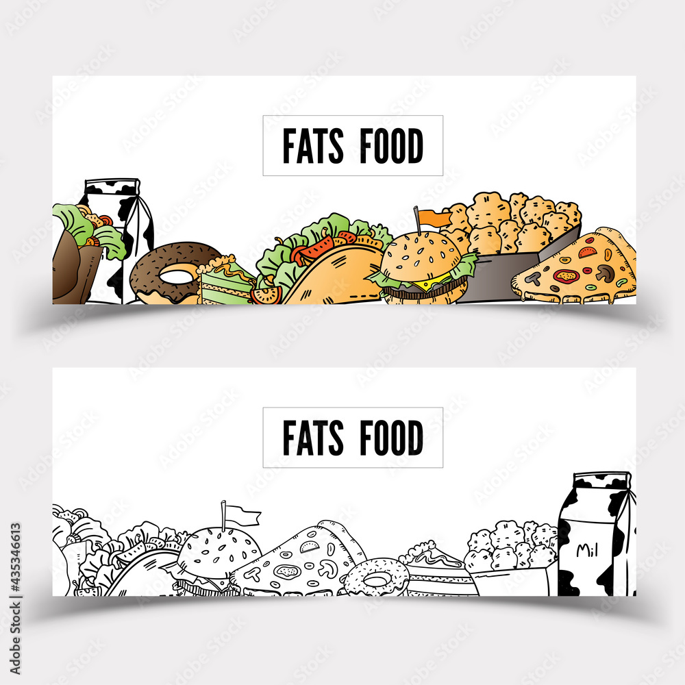 Fats food vector sketch banner illustration. Hand drawn template Frame ...