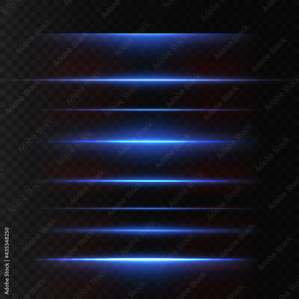Light beams of light in neon and blue.Illuminated horizontal neon laser ...