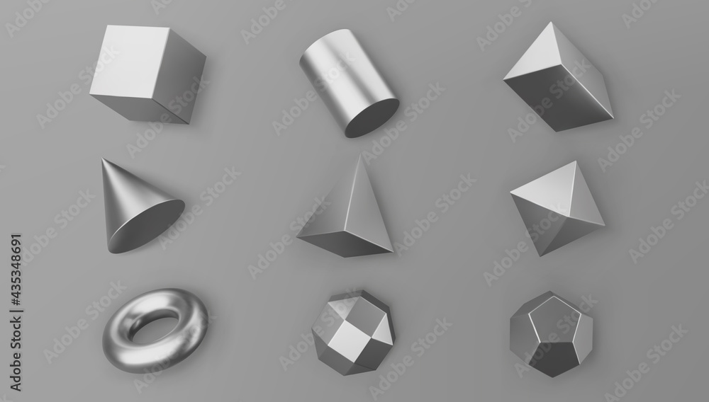 3d render chrome geometric shapes objects set isolated on grey ...
