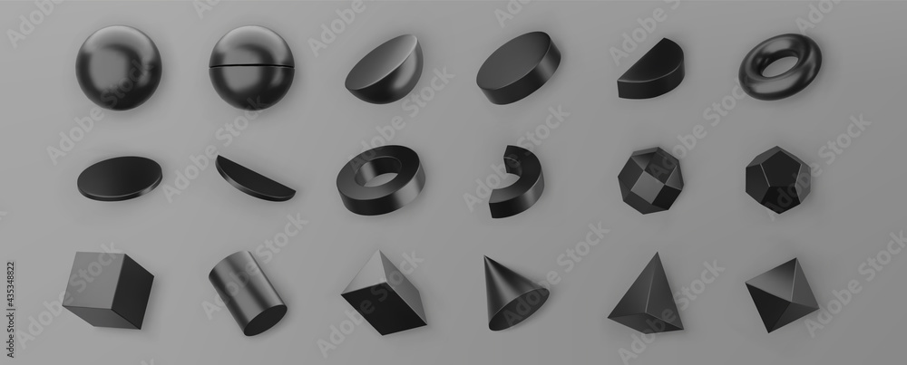 3d render black geometric shapes objects set isolated on grey ...