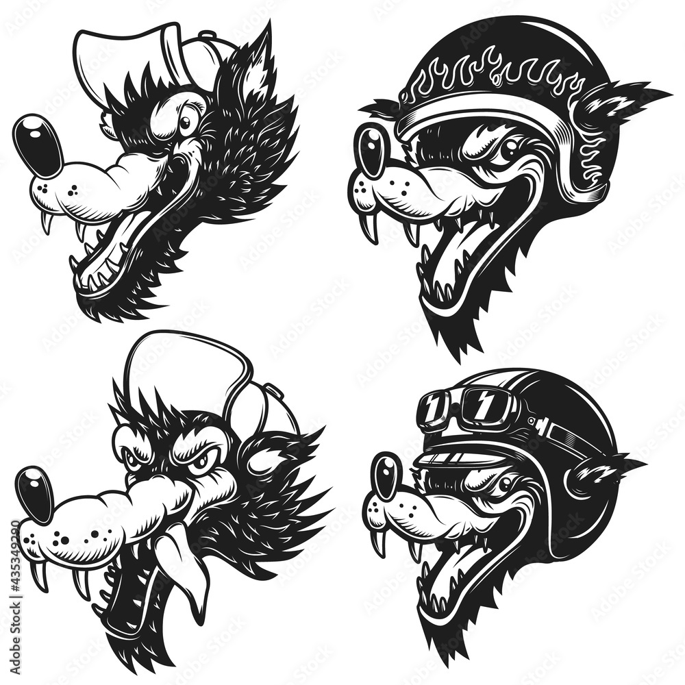 Set of illustrations of cartoon wolf in baseball hat, racer helmet ...