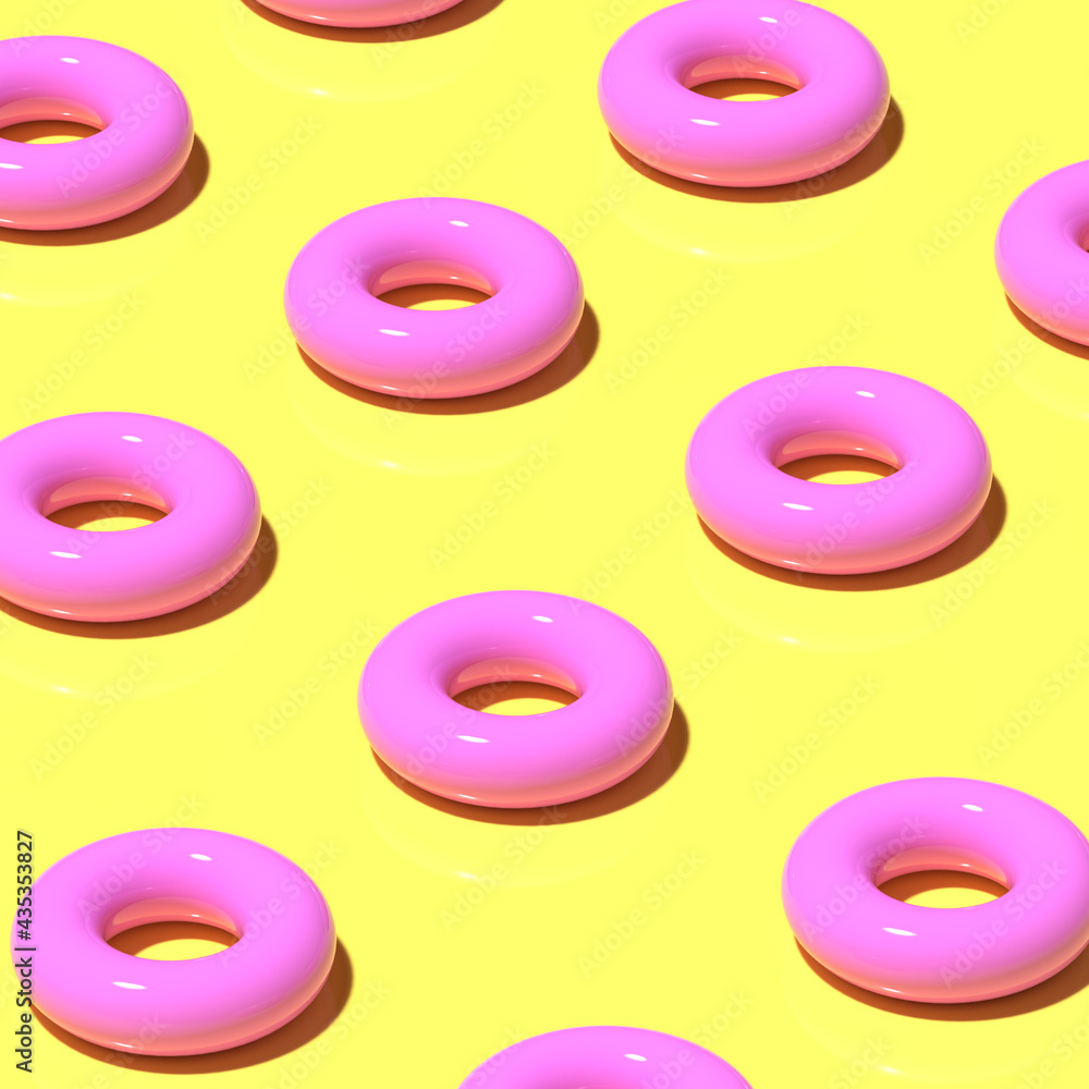 3D render. Pattern of pink rubber circles for swimming on yellow ...
