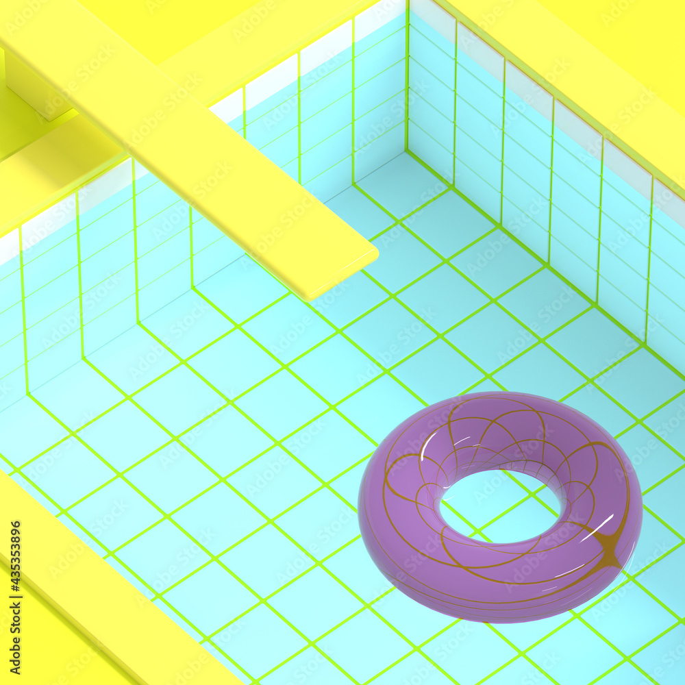 3D render. Yellow swimming pool with pink rubber circle on sand ...