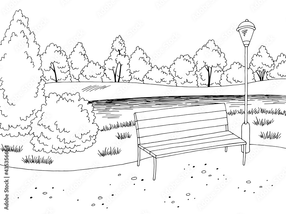 Park river graphic black white landscape sketch illustration vector ...