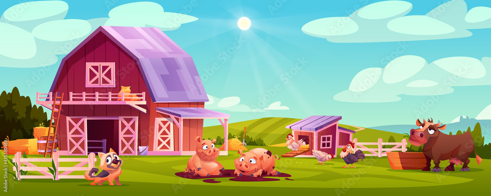 Colorful farmyard with domestic animals and poultry outside wooden barn ...