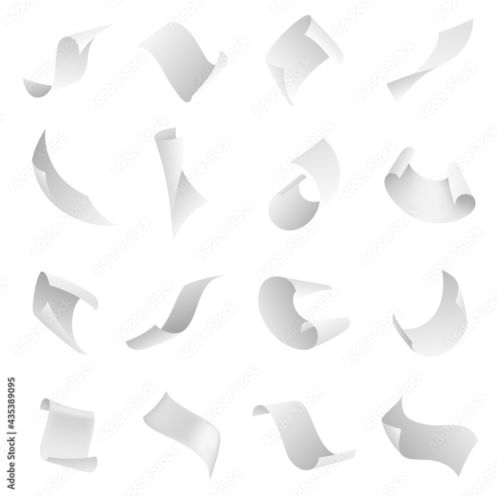 Papers flying. Clean blank paper sheet falling down with curved corners ...