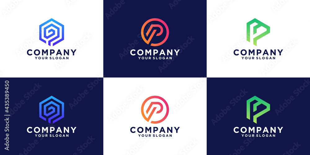 Collection of p letter logos with line styles and golden color for ...