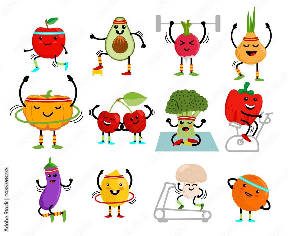 Set of cute fruits and vegetables go in for sports. Fruits and ...