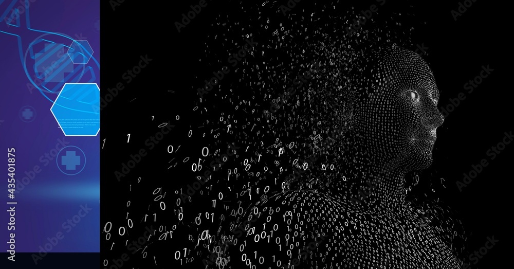 Composition of exploding human bust formed with binary coding and dna ...