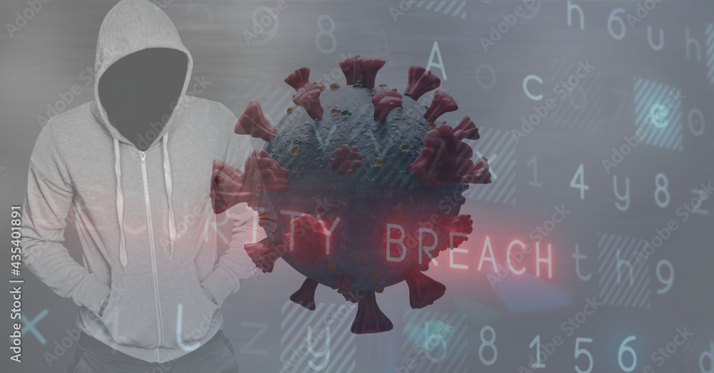 Composition of hooded hacker with covid cell and security breach ...