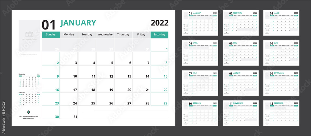 2022 calendar planner set for template corporate design week start on ...