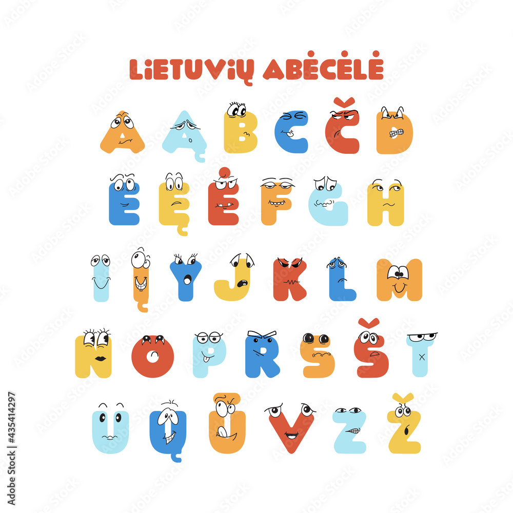 Lithuanian colorful alphabet for kids with hand drawn cartoon ...