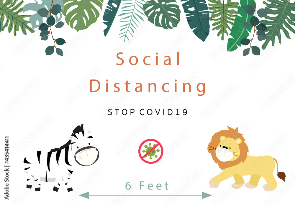 Cute animal social ditancing collection with zebra,lion is wearing mask ...