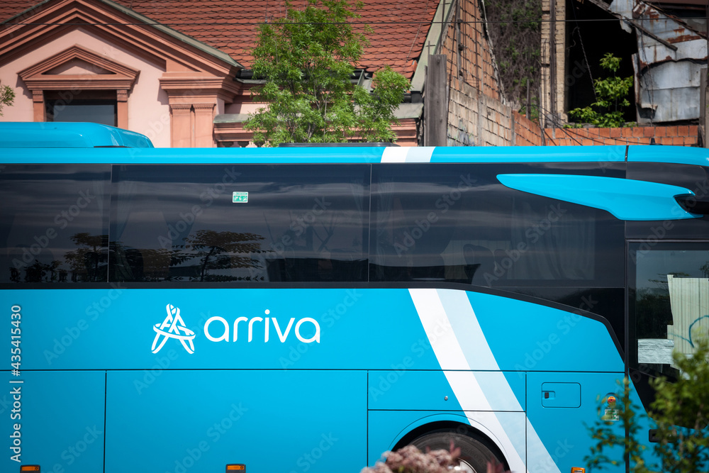 BELGRADE, SERBIA - MAY 3, 2021: Arriva logo on a bus ready for ...