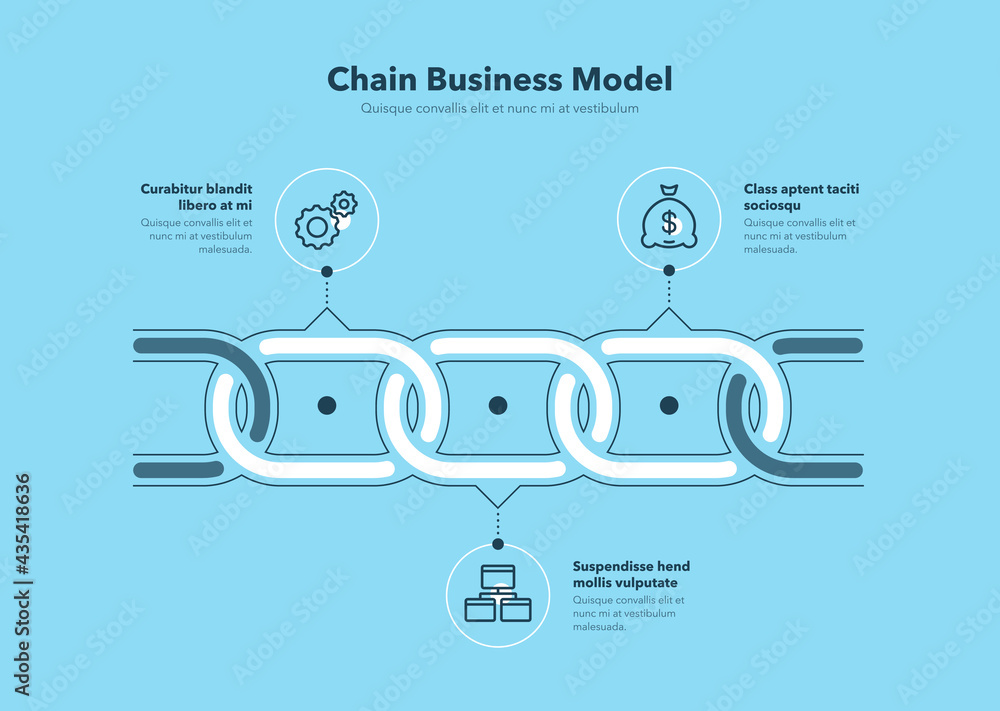 Simple infographic for chain business model with 3 process steps - blue ...