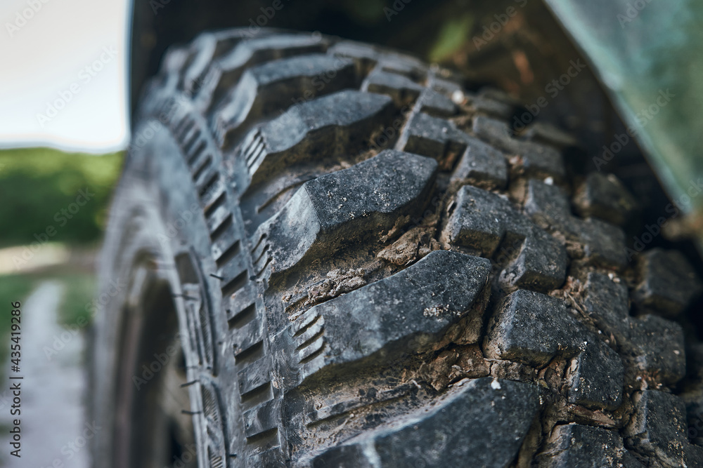 Foto de Tire treads in the mud, Jeep wheels do Stock | Adobe Stock