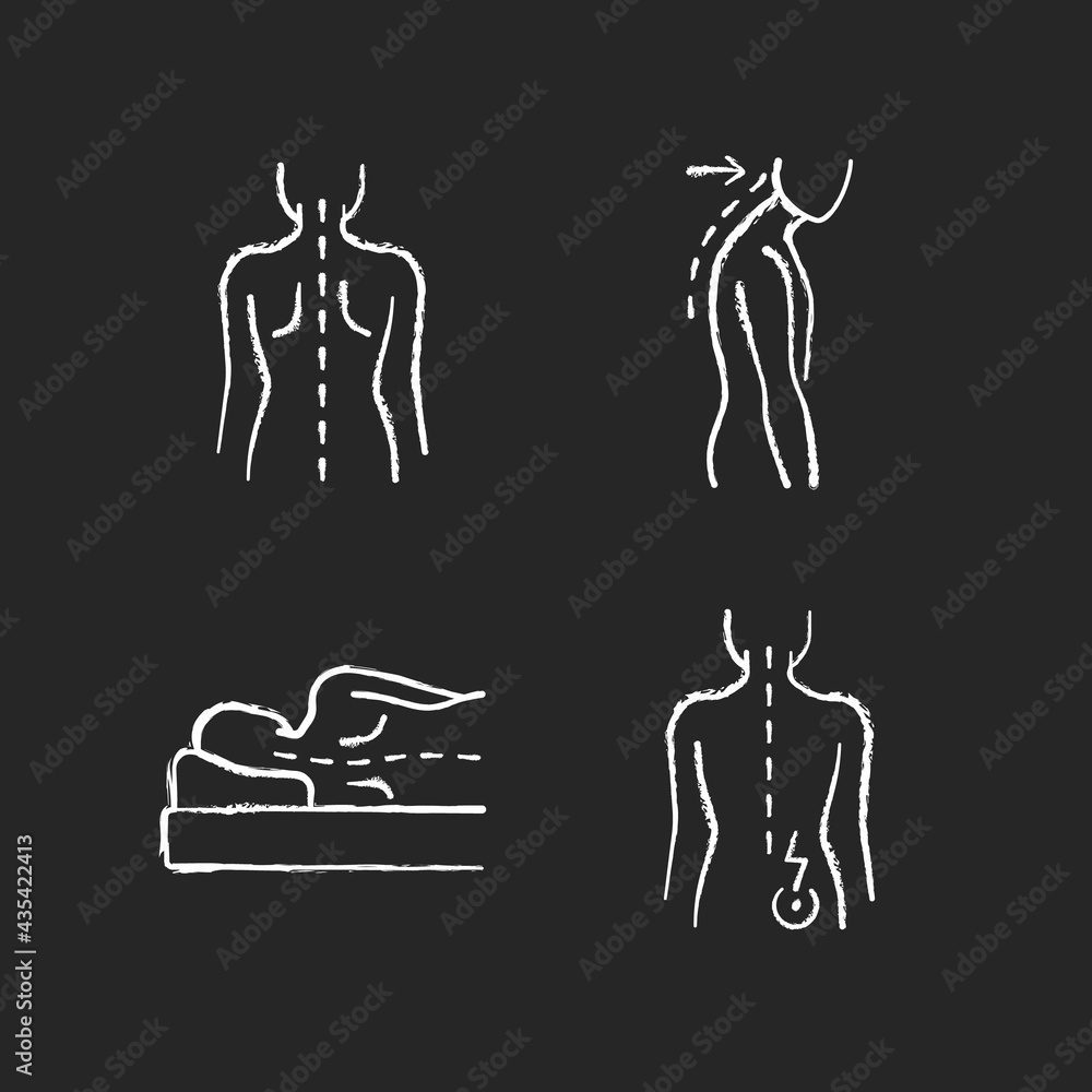Poor posture problems chalk white icons set on black background. Normal ...