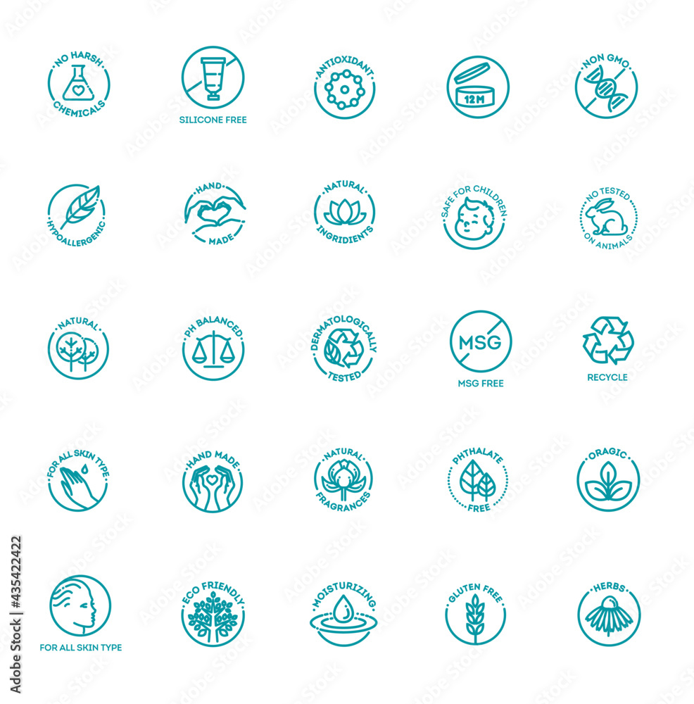 Natural organic cosmetics, vegan food symbols. Thin signs for packaging ...