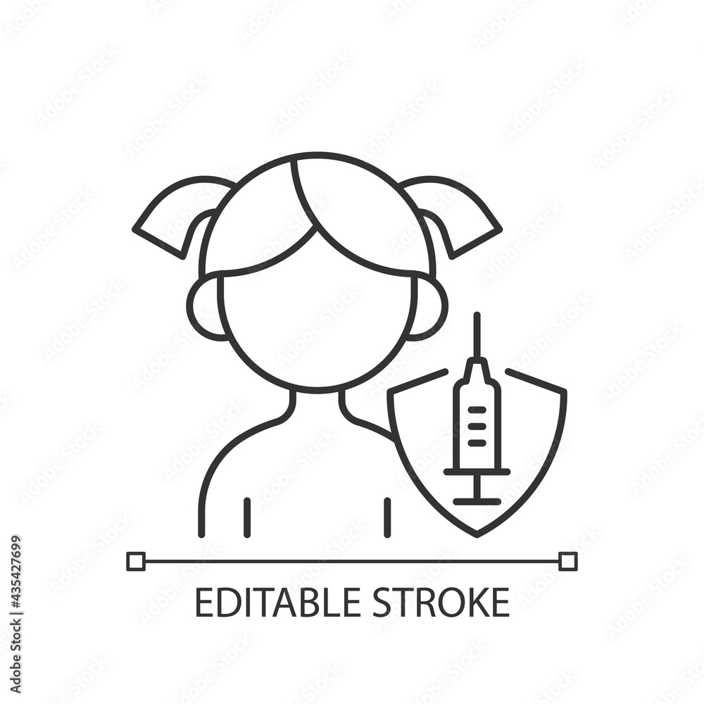 Vaccination of kids linear icon. Children immunization during virus ...