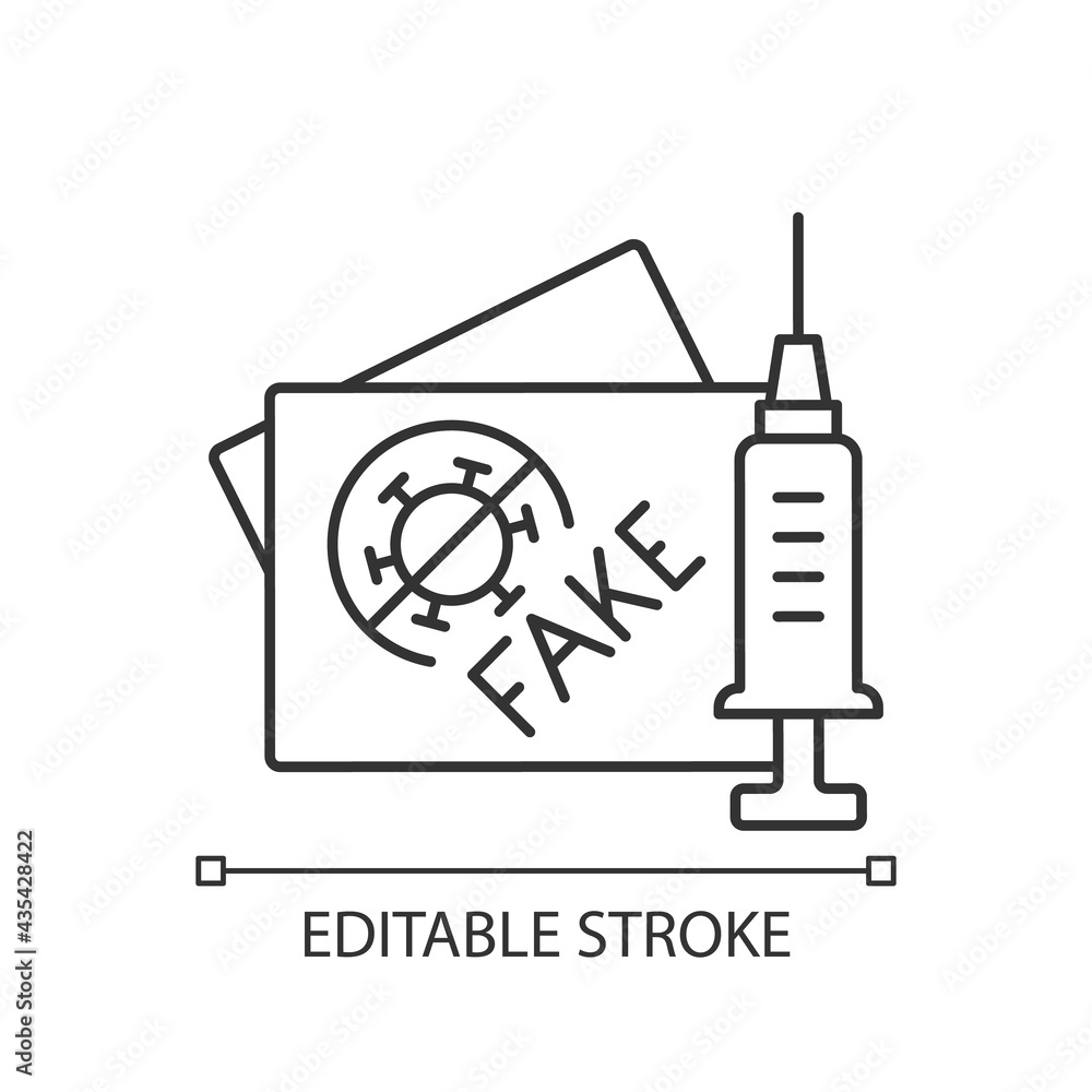 Fake vaccination card linear icon. False coronavirus certificate ...