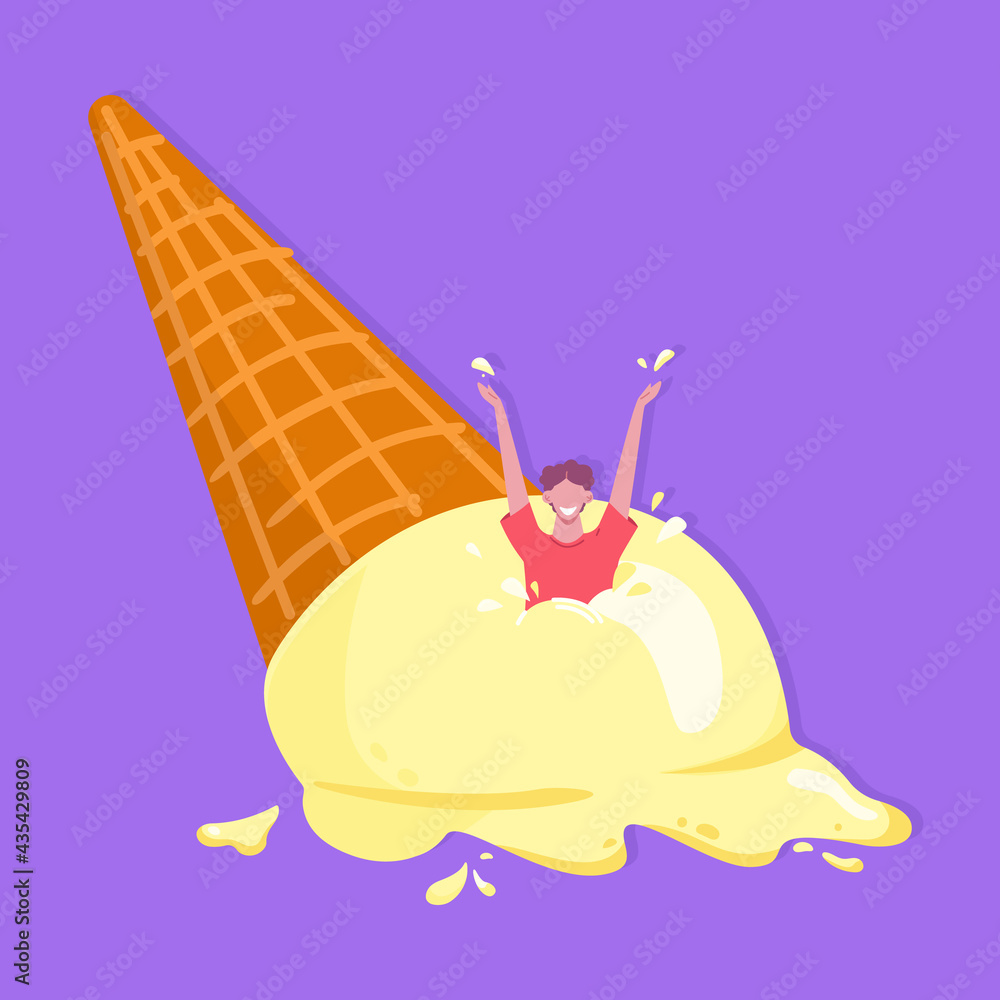 Giant Melting Ice Cream Ball In Waffle Cone Upside Down Tiny Man