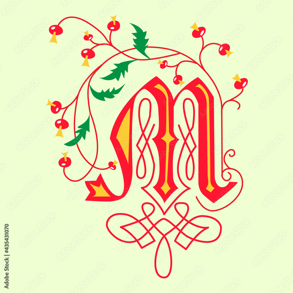 Decorated, illuminated letter M, beautiful floral ornament and stylized ...