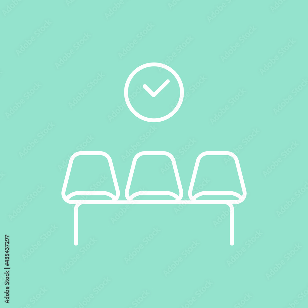 Waiting room icon. White outline on yellow background. Three empty chairs. A clock on the wall ...