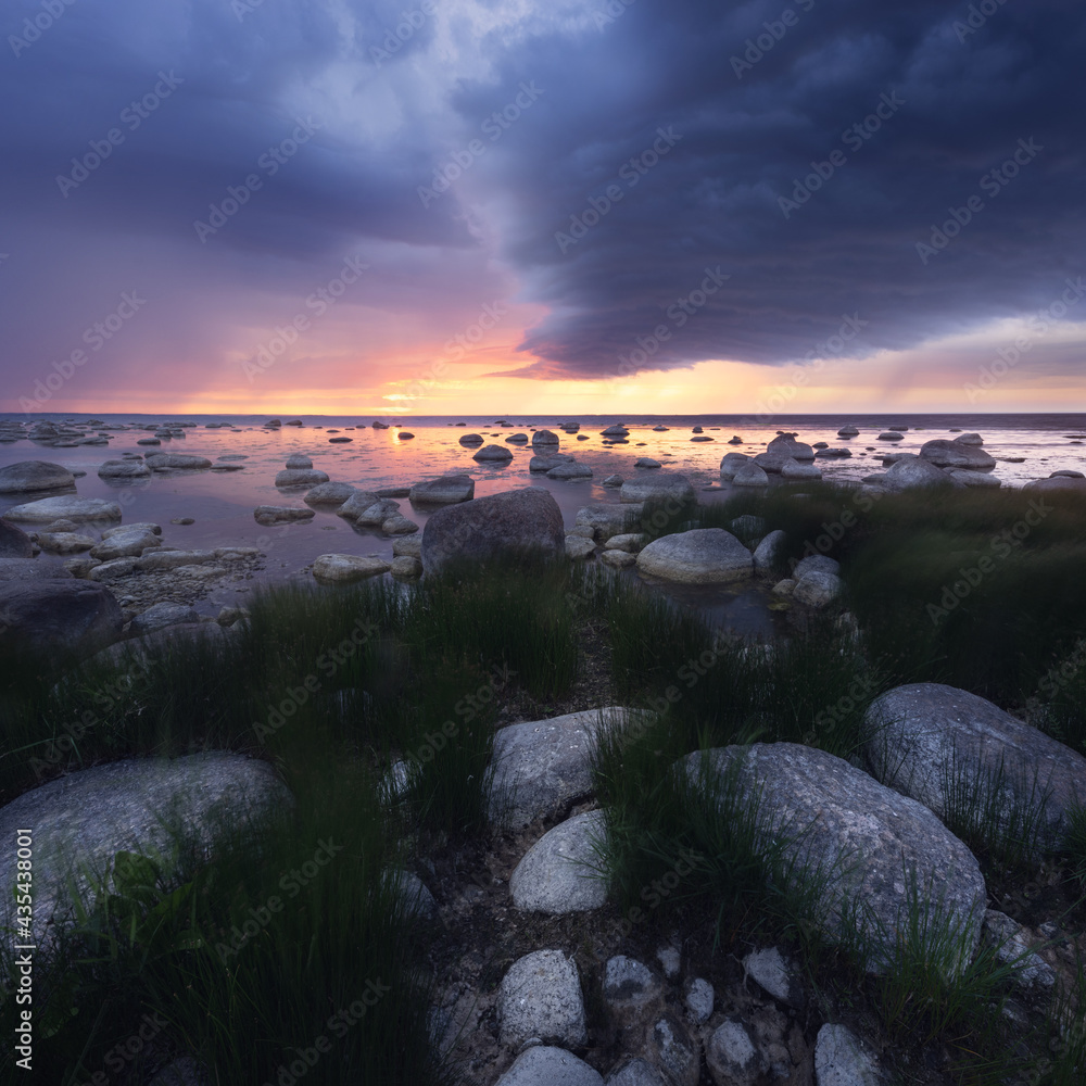Storm is coming. Dawn at Cape Krestovy, Vyborg Bay (the eastern end of ...