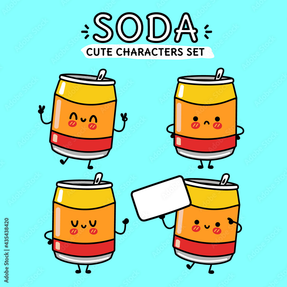 Funny cute happy soda characters bundle set. Vector kawaii line cartoon ...