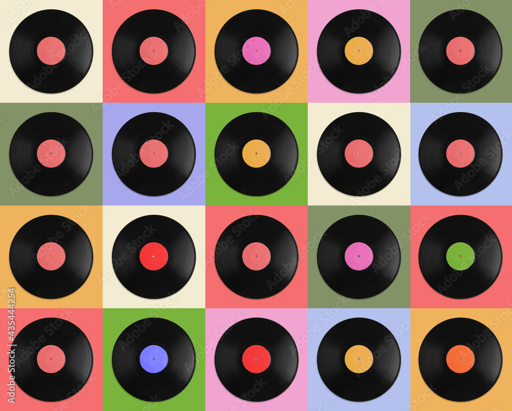 Collage with photos of vintage vinyl records on different color ...