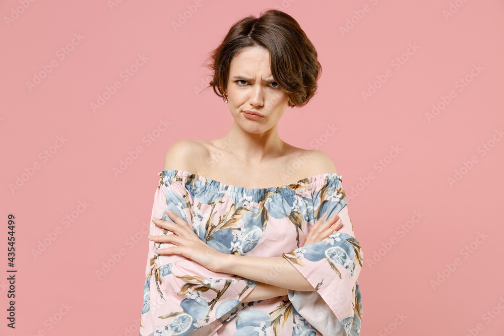 Young shrewd frowning sad angry indignant woman 20s with short hairdo ...